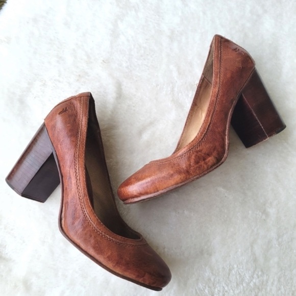 Frye | Shoes | Frye Carson Brown Cognac Round Toe Block Heel Leather ...